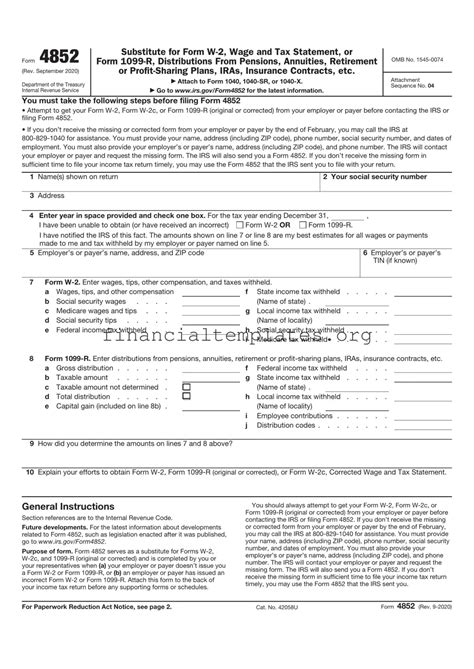Blank Irs 4852 Pdf Form ️