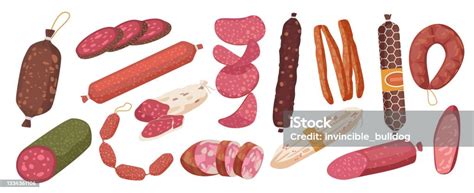 살라미 페퍼로니 훈제 소시지 쇠고기 고기 햄 농장 또는 정육점 생산 베이컨 삶은 소시지 델리카트슨 살라미에 대한 스톡 벡터 아트 및 기타 이미지 Istock