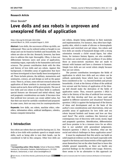 PDF Love Dolls And Sex Robots In Unproven And Unexplored Fields Of Application