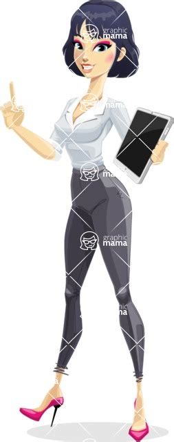 Modern Pretty Girl Cartoon Character Holding Tablet And Pointing