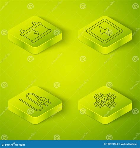 set isometric lightning bolt electric plug processor with