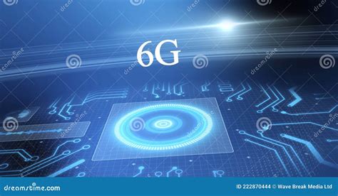 Image Of 6g Text With Scope Scanning And Data Processing On Screens Over Grid Stock Illustration