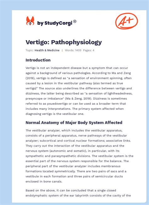 Vertigo Pathophysiology Free Essay Example