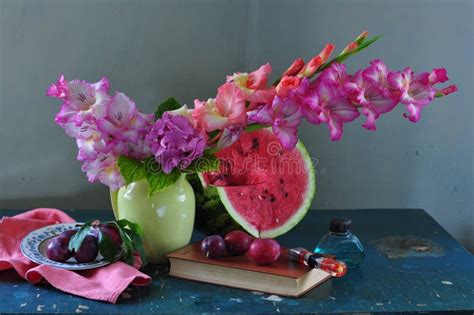 Red Watermelon And Bouquet Of Flowers Stock Image Image Of Leaf