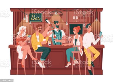 숙련 된 바텐더는 고객을위한 음료를 만들고 친구가 알코올 칵테일을 마시고 말하는 것입니다 사람들이 바 또는 레스토랑 나이트 클럽 이나 레스토랑에서 시간을 보내고 플랫 만화