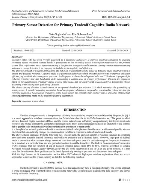 Primary Sensor Detection For Primary Tradeoff Cognitive Radio Network Pdf