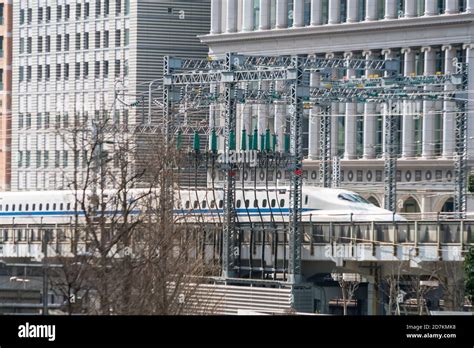 Jr Shinkansen Runs On Elevated Railway Track At Shinbashi Tokyo Japan