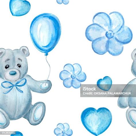 파란 풍선 하트 꽃이 있는 테디베어의 매끄러운 패턴 수채화 손으로 그린 일러스트레이션 다양한 디자인 배경 꾸미기 아이들 생일과