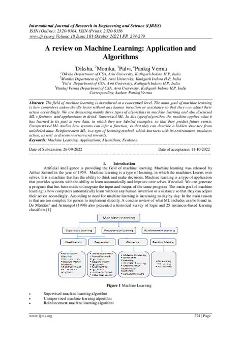 pdf a review on machine learning application and algorithms by