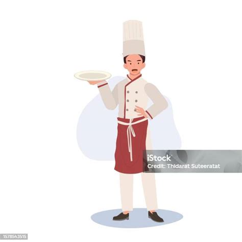 요리 전문 개념입니다 요리사 모자와 유니폼 홀딩 플레이트를 입은 전신 요리사 플랫 벡터 만화 그림 그릇에 대한 스톡 벡터 아트 및 기타 이미지 Istock