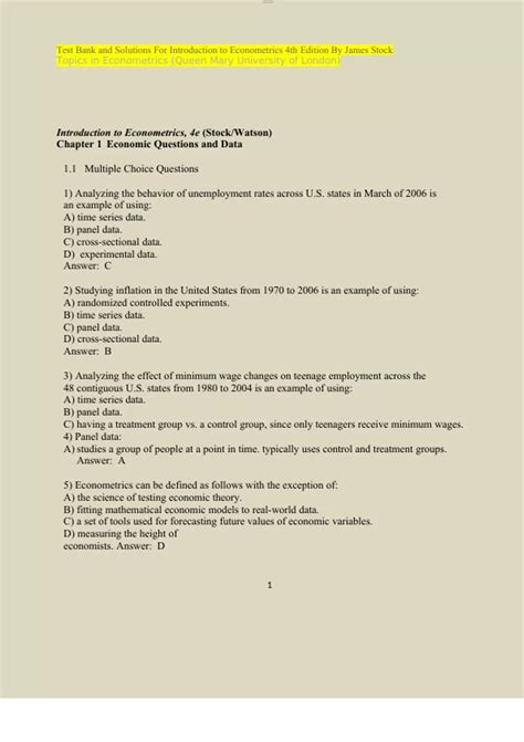 Test Bank And Solutions For Introduction To Econometrics 4th Edition By