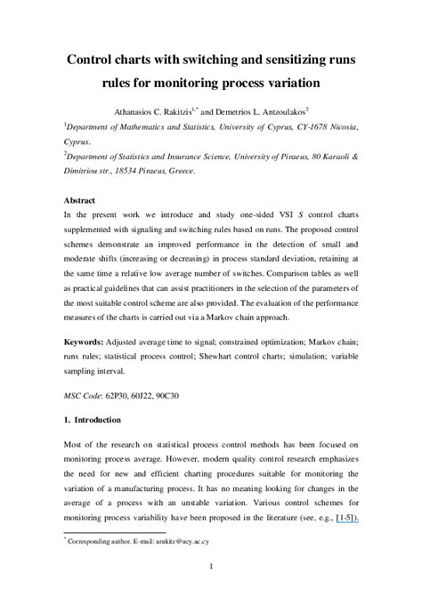 Pdf Control Charts With Switching And Sensitizing Runs Rules For Monitoring Process Variation