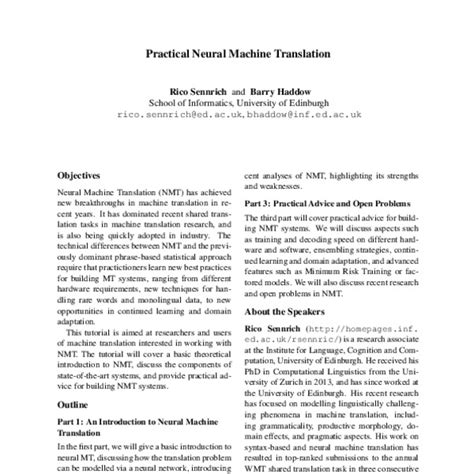 Practical Neural Machine Translation Acl Anthology