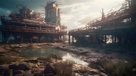 포스트아포칼립스 폐허가 된 도시 파괴된 건물 불탄 차량과 폐허가 된 도로 프리미엄 사진