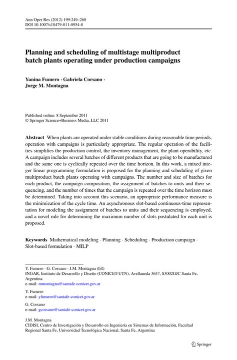 Pdf Planning And Scheduling Of Multistage Multiproduct Batch Plants Operating Under Production