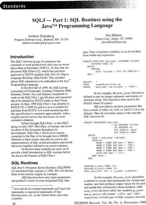 Sqlj Part 1 Sql Routines Using The Java Programming Language Acm Sigmod Record Vol 28 No 4 Sqlj Part 1 Sql Routines Using The Java Programming Language Acm Sigmod Record Vol 28 No 4