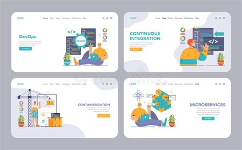 Devops Web Banner Or Landing Page Set Software Development Methodology Stock Vector
