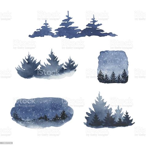 숲 겨울 풍경의 수채화 벡터 세트 흰색 배경에 고립 된 꽃 엽서와 초대장을 인사하는 손으로 그린 그림 산에 대한 스톡 벡터 아트 및 기타 이미지 Istock
