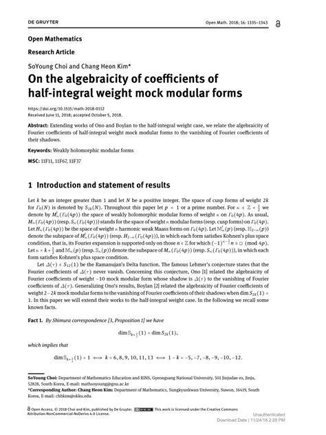 Pdf On The Algebraicity Of Coefficients Of Half Integral Weight Mock