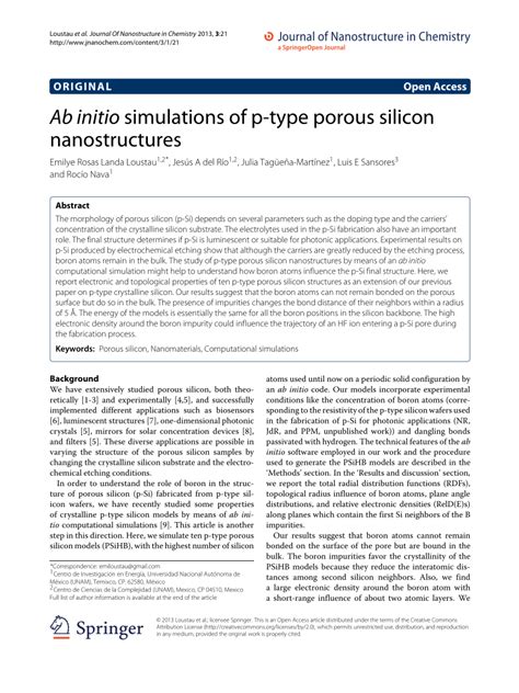 Pdf Ab Initio Simulations Of P Type Porous Silicon Nanostructures