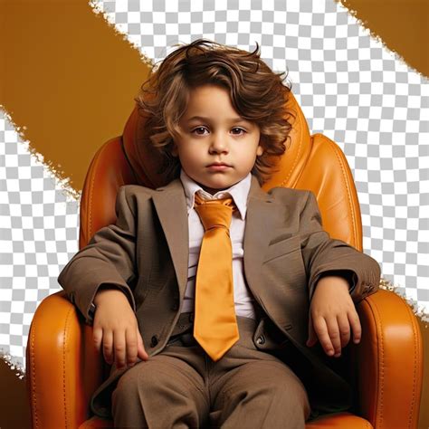 우랄 민족의 웨이비 머리카락을 가진 편안한 유치원 소년은 범죄자 의상을 입고 라이드 백 의자 ⁇ 은 스타일로 파스텔 탄저린 배경에 포즈를 취합니다 프리미엄 Psd 파일