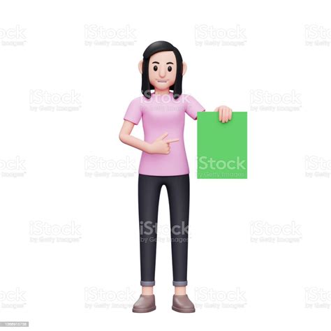 왼손으로 녹색 종이를 들고 손가락으로 가리키는 소녀 3d 문자 일러스트 캐주얼 여성 3차원 형태에 대한 스톡 사진 및 기타 이미지 3차원 형태 가리키기 개념 Istock