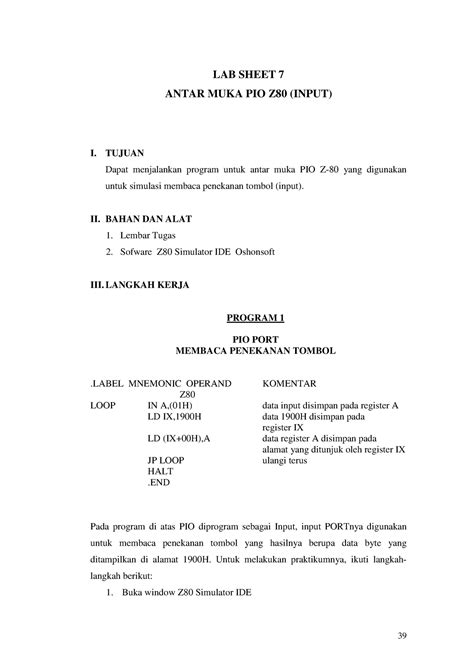 Z80 Simulator Lab Sheet 7 39 Lab Sheet 7 Antar Muka Pio Z80 Input