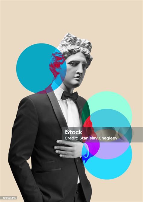 현대 미술 콜라주 코트에 개념 인물 패션 남자 아폴로의 석고 머리 조각상에 대한 스톡 사진 및 기타 이미지 조각상 아폴로
