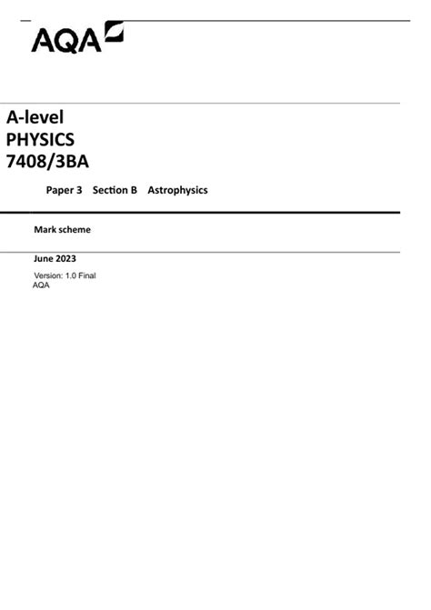 AQA A Level PHYSICS BA Paper Section B Astrophysics Mark Scheme June Version