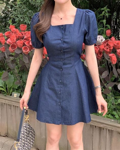 하이클래식 뉴멀 스퀘어넥 버튼 여름 반팔 청 미니 원피스