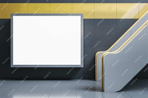 Современный подземный интерьер с эскалатором и пустым белым рекламным щитом концепция