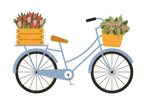 Premium Vector A Cute Blue Bike With A Basket And Flowers Vintage