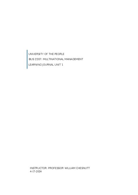 Bus 2207 Unit 1 Learning Journal University Of The People Bus 2207 Multinational Management