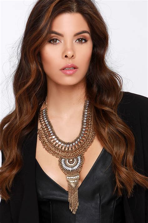 Cute Gold Necklace Rhinestone Necklace Statement Necklace 37 00 Lulus