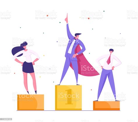 우승 연단 1 위에 서 행복 한 사업가 슈퍼 사업가 팀워크 협력 경력 성공적인 캐릭터와 목표 성취 개념 벡터 평면 그림 개념에 대한 스톡 벡터 아트 및 기타 이미지 Istock