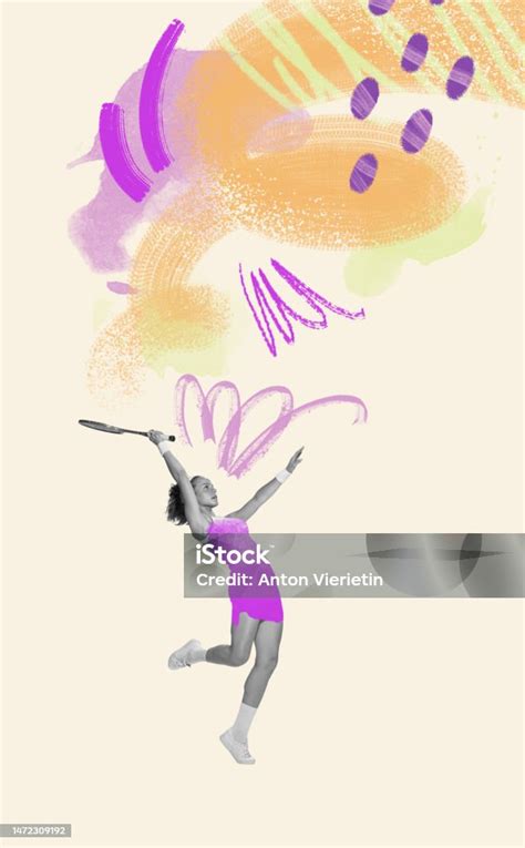 현대 미술 콜라주 테니스를 치는 스포티한 어린 소녀 창의성 상상력 패션 빈티지 예술 작품 스포츠의 개념 배드민턴에 대한 스톡 사진 및 기타 이미지 Istock
