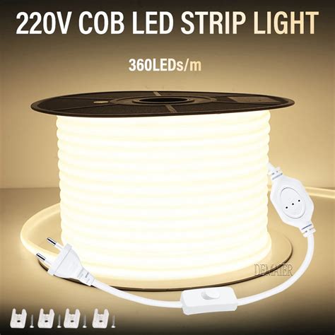Cob Led 스트립 360ledm 높은 밝은 Eu 플러그 220v Cri Ra90 방수 야외 정원 포브 Led 테이프 침실 주방 조명용 Aliexpress