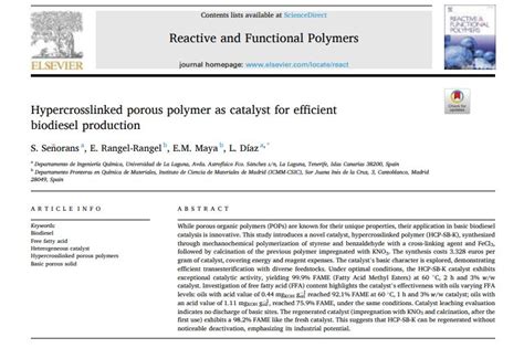 Hypercrosslinked Porous Polymer As Catalyst For Efficient Biodiesel Production Hysytech S R L