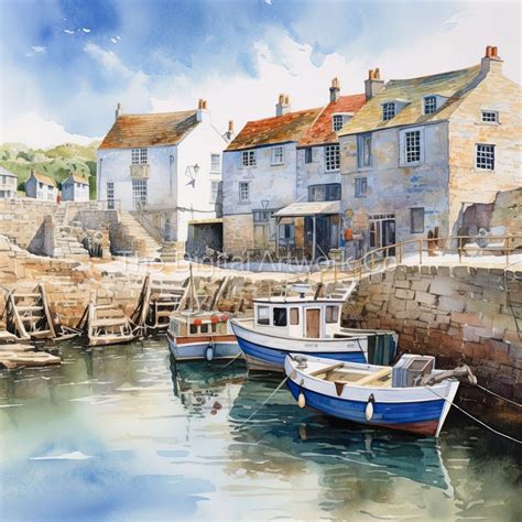 Harbour Scene Watercolor Print Coastal Town Art Digital Download