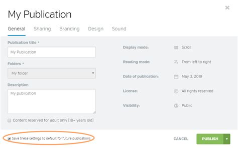 What does Save these settings to default for future publications mean Calaméo Help Center