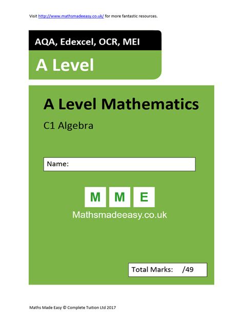 C1 A Level Maths Algebra Questions For Aqa Ocr Edexcel And Mei 2 Pdf Quadratic Equation