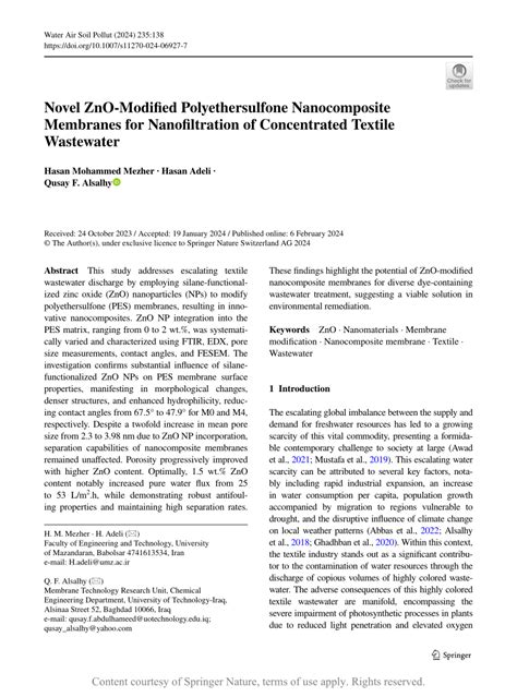 Novel Zno Modified Polyethersulfone Nanocomposite Membranes For