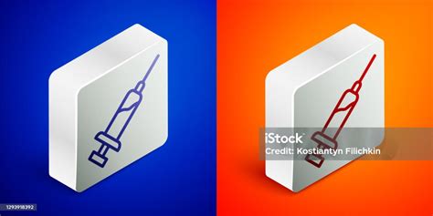 파란색과 주황색 배경에 격리 된 혈청 아이콘이있는 등도 측정 라인 주사기 백신 예방 접종 주사 독감 주사용 주사기 의료 장비