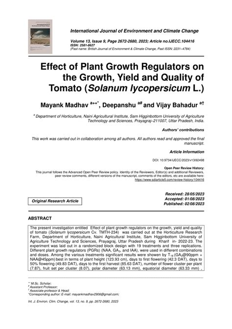 Pdf Effect Of Plant Growth Regulators On The Growth Yield And Quality Of Tomato Solanum