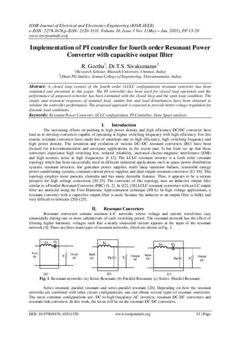 Pdf Implementation Of Pi Controller For Fourth Order Resonant Power Converter With Capacitive