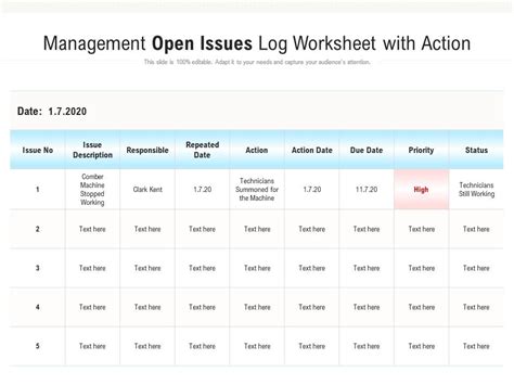 management open issues log worksheet with action powerpoint slides