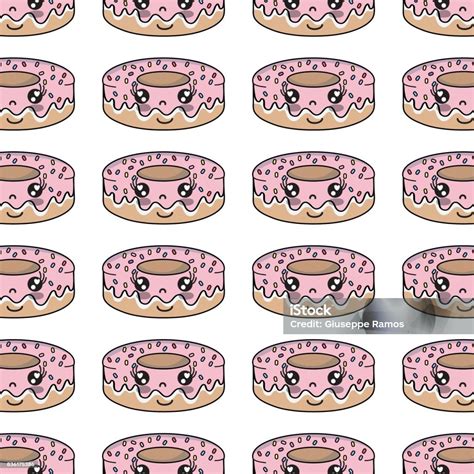 Kawaii Cute Happy Donut Sweet Background Stock Illustration Download Image Now Affectionate
