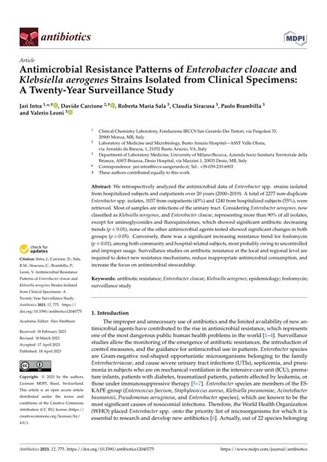 Pdf Antimicrobial Resistance Patterns Of Enterobacter Cloacae And Klebsiella Aerogenes Strains