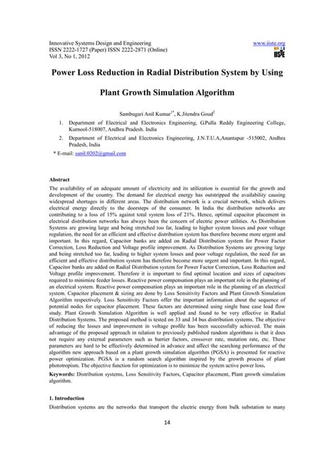Power Loss Reduction In Radial Distribution System By Using Plant Growth Simulation Algorithm Pdf