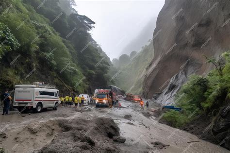 Premium Ai Image Landslide Blocking Road With Rescue Vehicles On The Scene